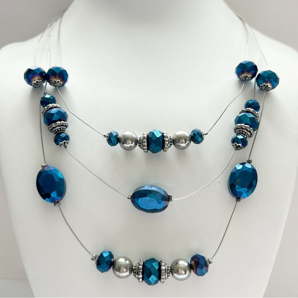 Jewelry | Pearl Rhinestone Blue Metallic Silver Floating Wire Triple ...